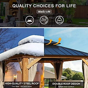 MELLCOM 11' x 11' Outdoor Cedar Wood Gazebo, Hardtop Wooden Frame Gazebo with Double Metal Roof, Solid Cedar Frame Gazebo with Privacy Curtains and Mosquito Nettings for Patios, Gardens, Backyards