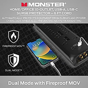 Monster Black Heavy Duty Surge Protector Power Strip 6 ft Cord with 10 120V-Outlet Extension, 2 Ethernet Switch Ports, 4050J Rating, 1 USB-A, and 1 USB-C Charging Ports – Ideal for Computers & Offices