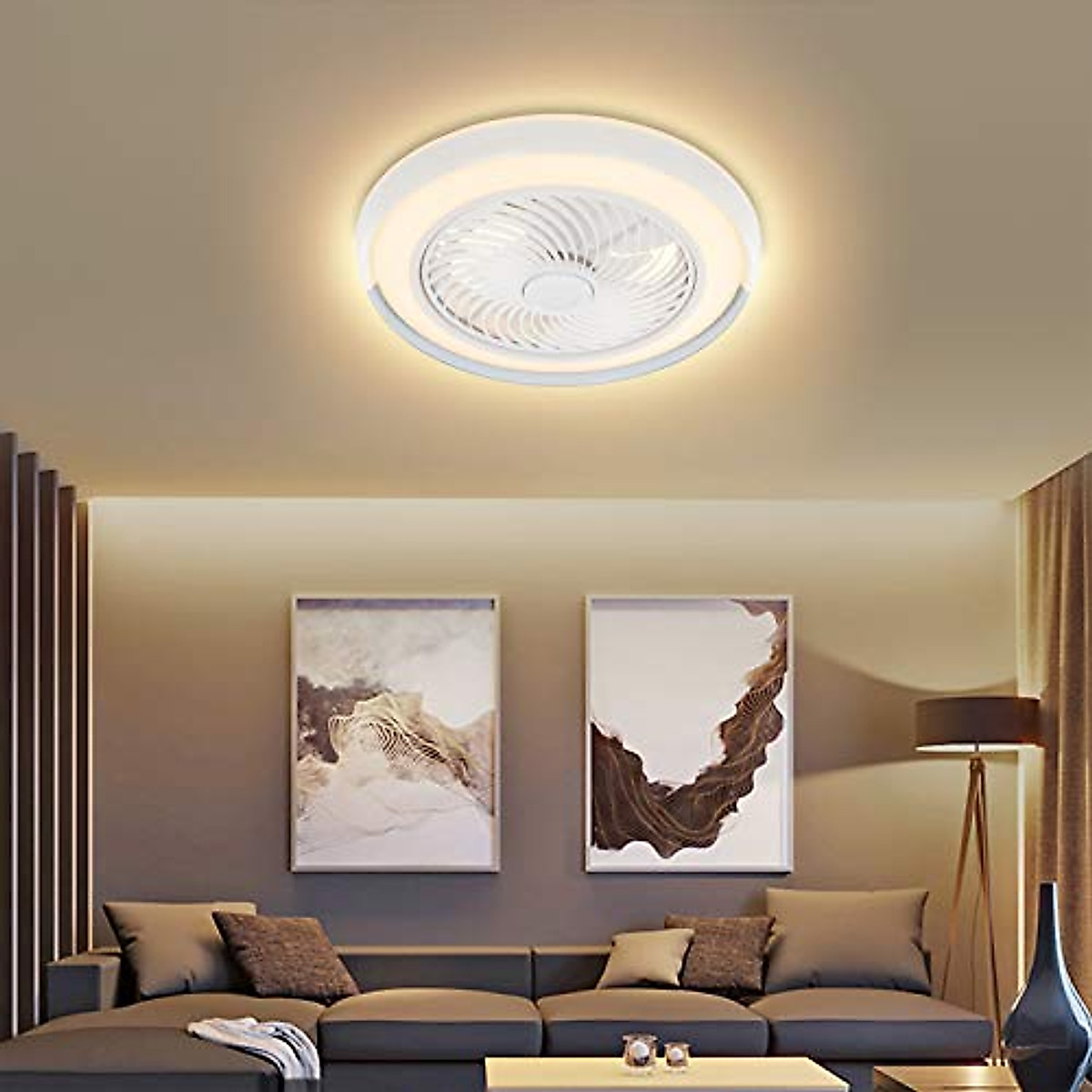 Low Profile Ceiling Fan with Lights Remote, 20" Enclosed Bladeless Ceiling Fan Flush Mount Ceiling Fan with 3 Colors LED Bladeless Ceiling Fan for Bedroom Living Room Kitchen Fan (Multi-3)