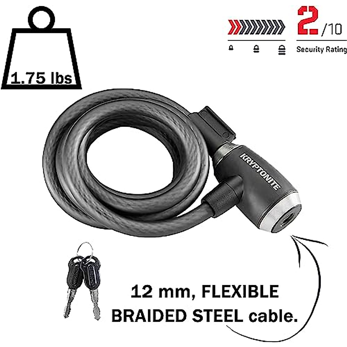 Kryptonite KryptoFlex Bike Lock Cable, 2FT/6FT/10FT Long 12mm Thick Heavy Duty Braided Steel Cable Anti-Theft Security Lock for Outdoor Equipment, Combination/Key Bike Lock, Black