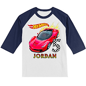 Personalized Hot Race Car Birthday Shirt | Personalized with Name and Age | Unisex 3/4 Sleeve Raglan T-Shirt