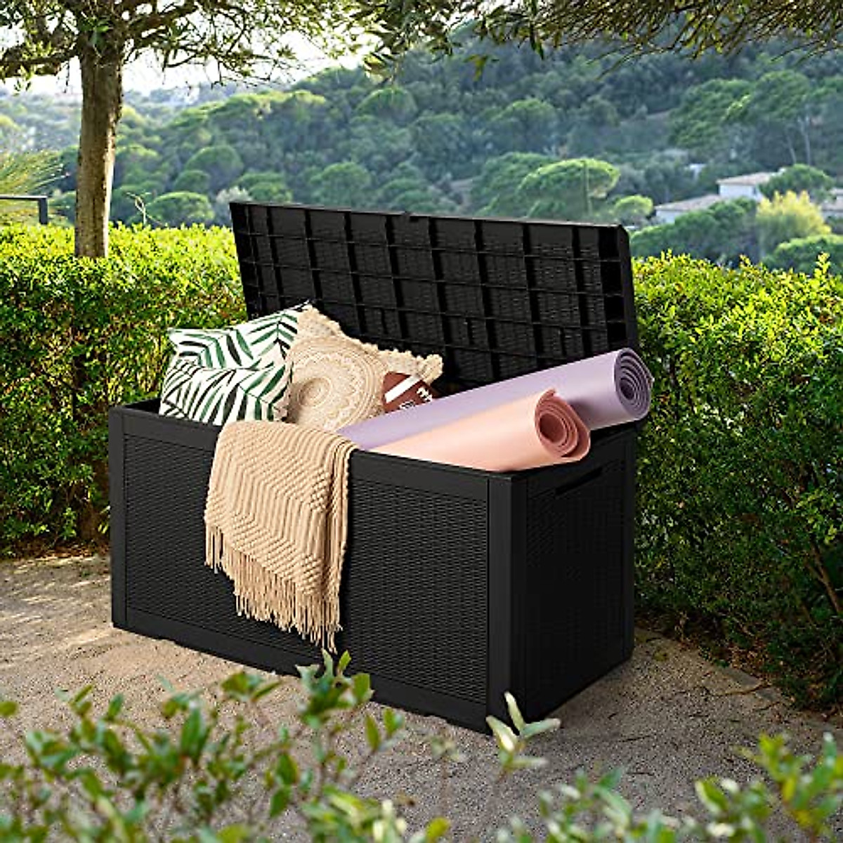 Devoko 100 Gallon Waterproof Large Resin Deck Box Outdoor Storage Box Indoor Lockable Storage Container with Cushion for Patio Furniture Garden Pool Cushions (Black)