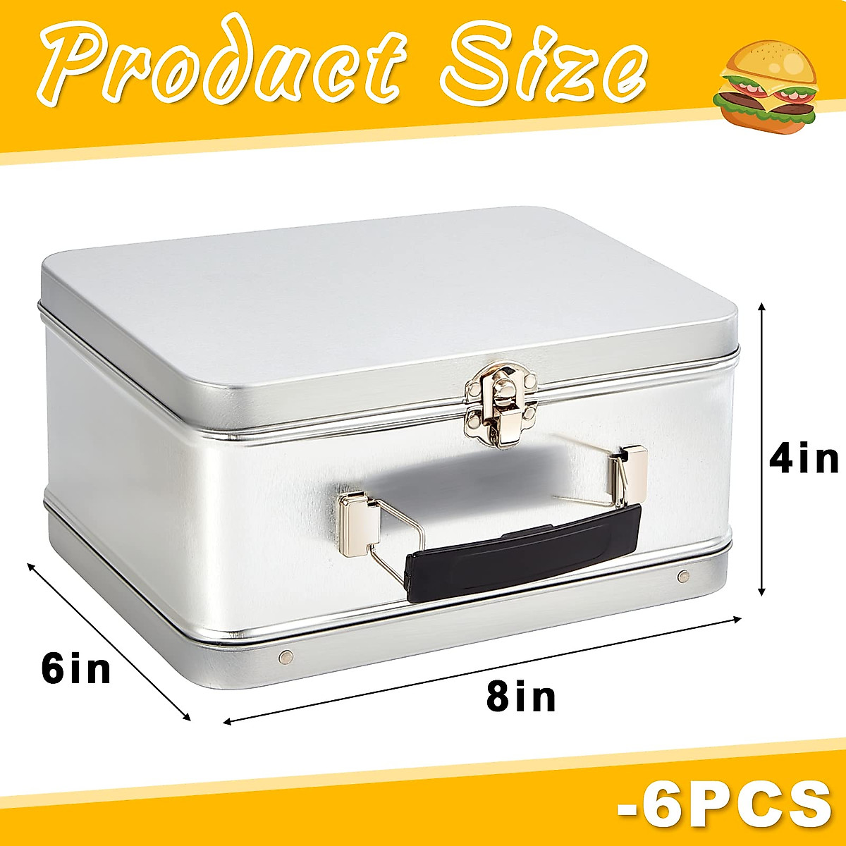 6 Pack DIY Lunch Box Tin Retro Set 8 x 6 x 4 inches with Hinged Lids DIY Large Fun Box for Storage Blank Design Vintage Metal Lunch Box for Kids Sandwich Containers (Silver)