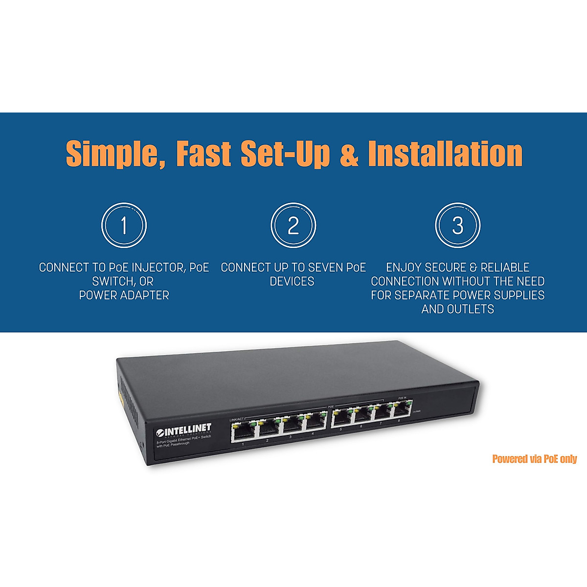 Intellinet 8-Port Gigabit Ethernet PoE+ Switch with PoE Passthrough - 85W PoE Budget, 30 W per Port, 16 Gbps Switch Fabric - 3 Yr Mfg Warranty-561679