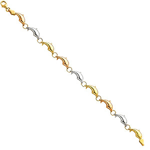 Wellingsale 14k Tri 3 Color Gold Polished Stampato Dolphin Bracelet with Lobster Claw Clasp - 7.25"