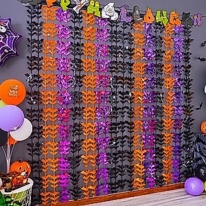 LOLStar Halloween Party Decoration, 2 Pack Black Orange and Purple Bat Photo Booth Props, 3.3 x 6.6 ft Halloween Foil Fringe Curtains, Halloween Photo Backdrop Streamers for Halloween Party Supplies