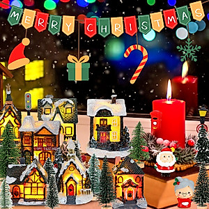 Woanger 29 Pieces Christmas Village Set LED Lighted Houses for Christmas Village Xmas Scene Figurines Decoration Crafted Poly Resin Collectables for Holiday Party Decor