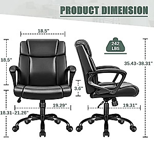 Furniwell Home Office Chair Mid Back Executive Computer Chair Ergonomic Desk Chair Swivel Adjustable PU Leather Chair with Armrests Lumbar Support (Black)