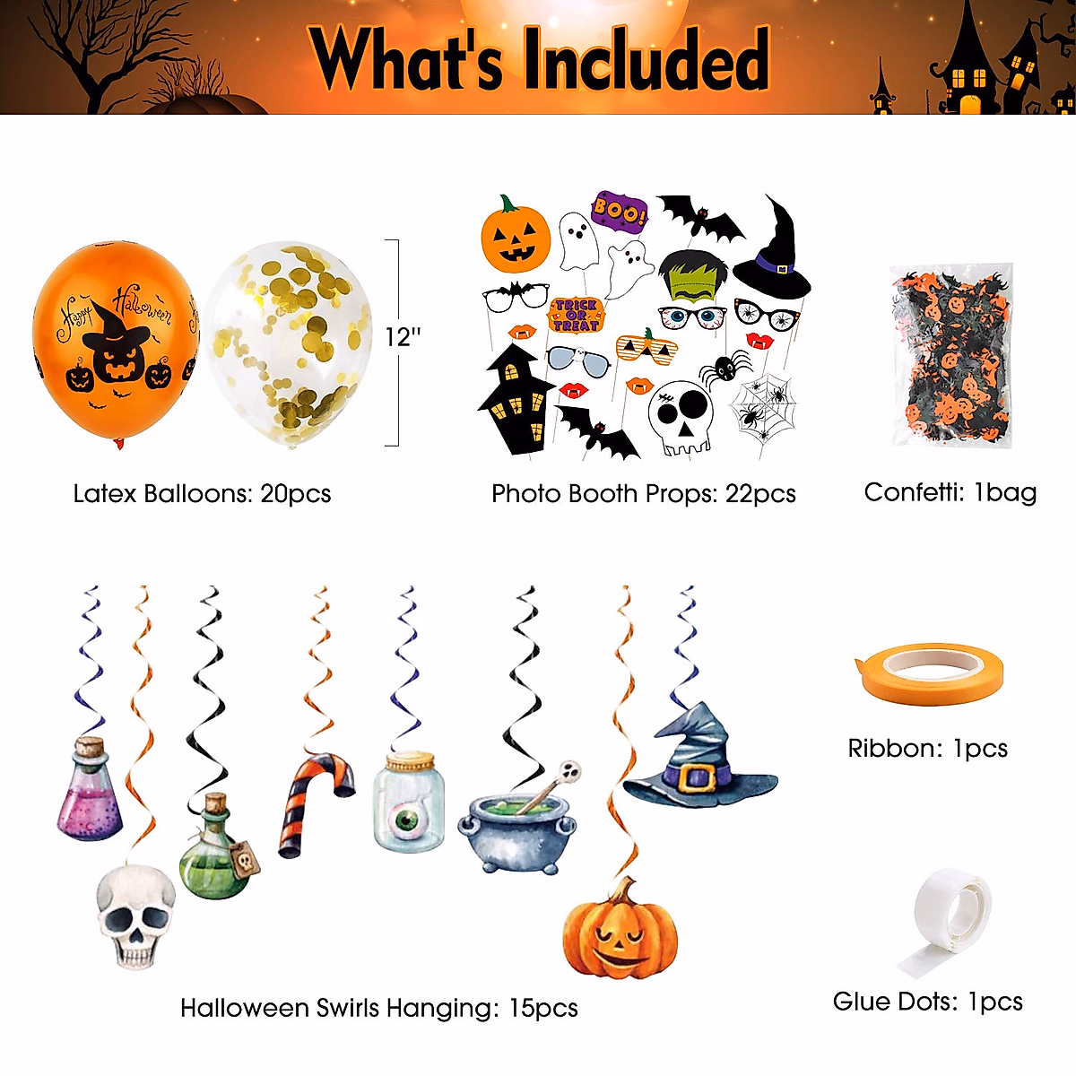 NAIWOXI Halloween Decorations for Kids or Adults - Halloween Hanging Ghost, Pumpkin Skeletons Swirls Hanging, Banner, Garland, Scary Photo Booth Props, Balloons, Confetti, 68 PCS Cute Halloween Party Decorations for Indoor outdoor