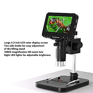 LCD Digital Microscope, 1000X Biological Microscope with 4.3in HD LCD Screen, 8 LED Lights Coin Microscope Camera,for Win XP, for Win7, for Win8.1, for Win10, for OS X10.5