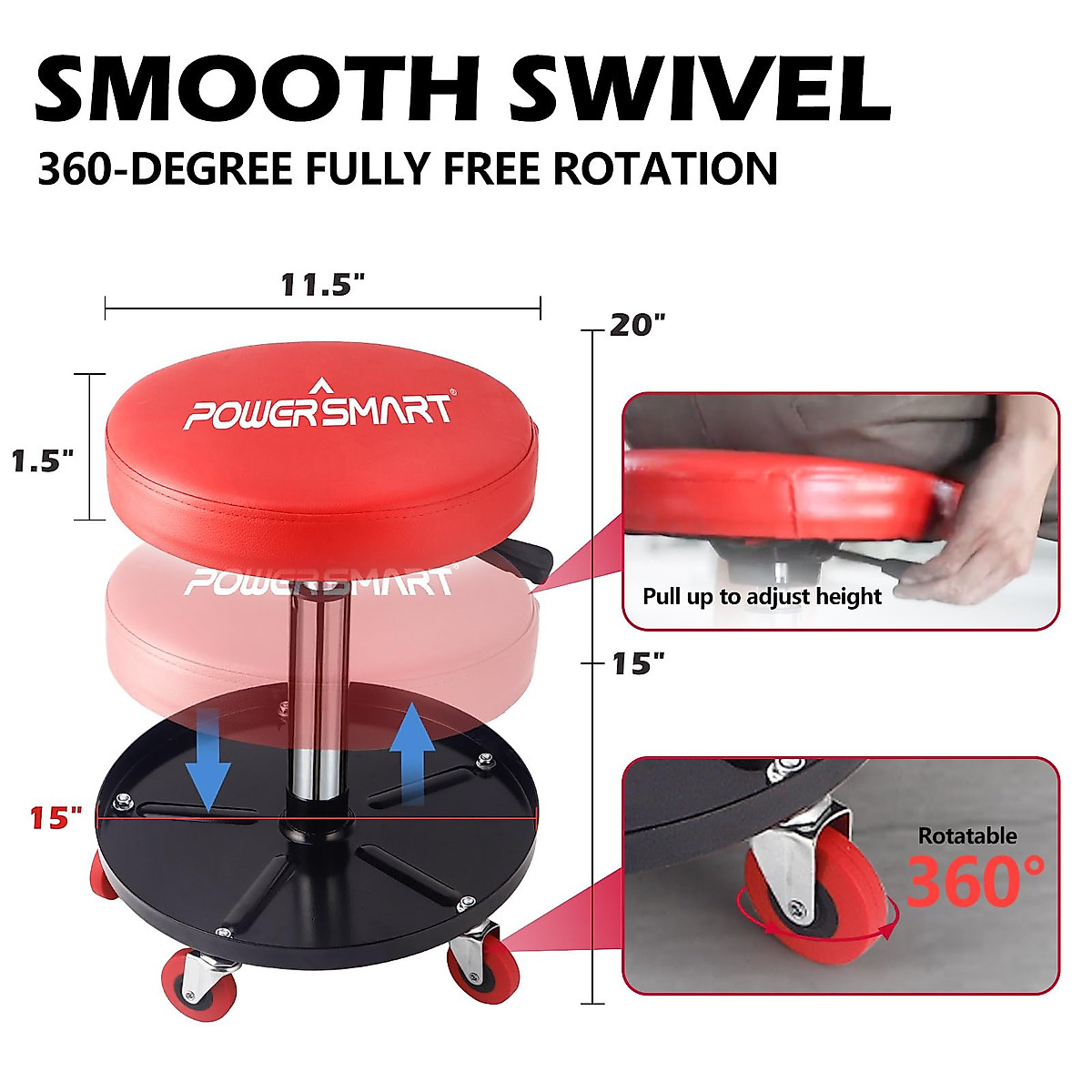 PowerSmart Rolling Mechanics Seat, 300 LBS Capacity Heavy-Duty Pneumatic Adjustable Garage Stool with Tool Tray Storage