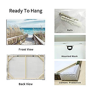 TAR TAR STUDIO Beach Artwork Seascape Wall Art: Seaside Painting Fence Pathway Picture Print on Wrapped Canvas for Living Room (36''W x 24''H, Multiple Sizes)