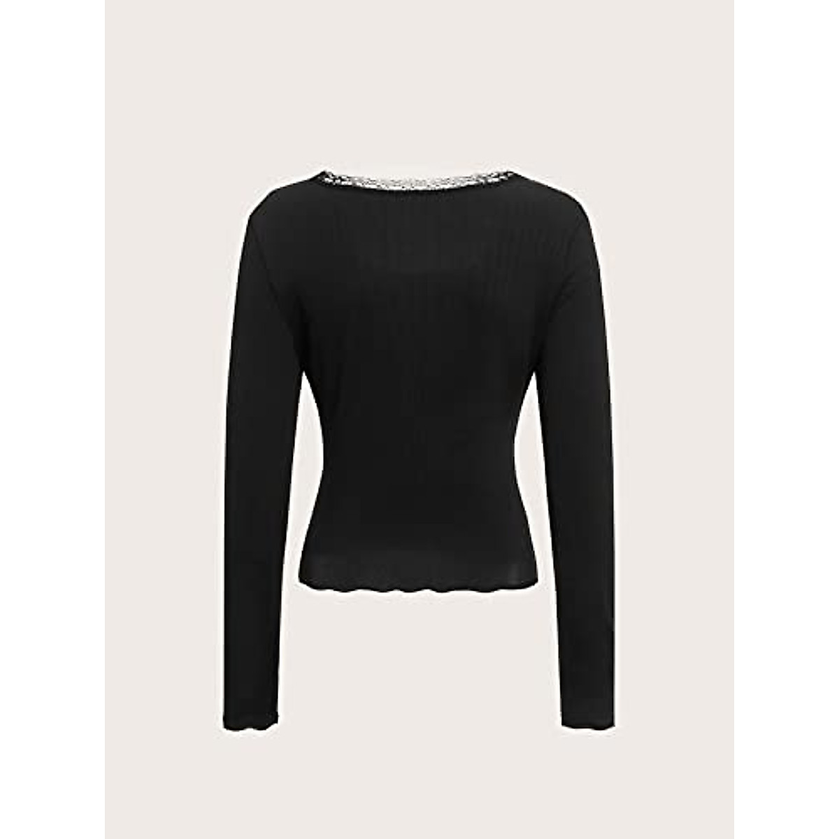 SOLY HUX Women's Y2K Long Sleeve Tops Scoop Neck Ribbed Knit Lace Trim T Shirts Slim Fitted Tees Pure Black S