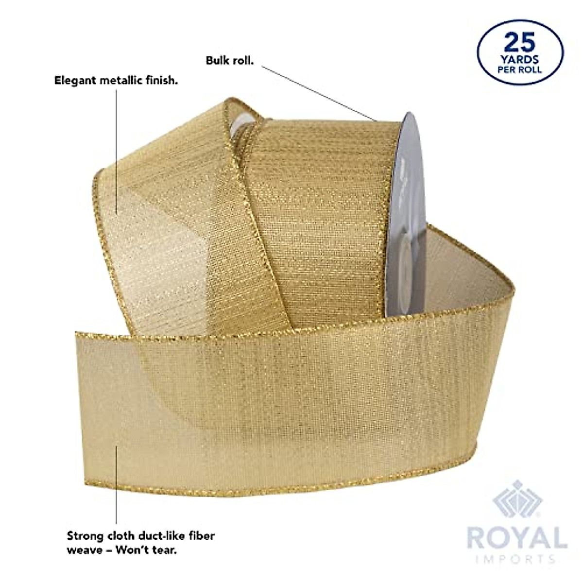Royal Imports Metallic Christmas Ribbon Wired, Gold, 2.5"(#40) Holiday Design for Bow Making, Gift Wrapping, Wreaths, 25 Yd Roll (75 FT Spool)