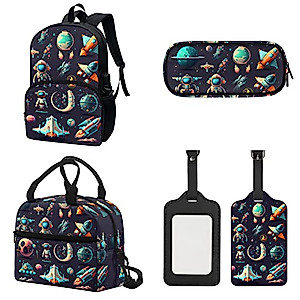 Space Backpack for School Girls Boys Rocket Astronauts Bookbag with Lunch Box 17 Inch Large Laptop Backpack 4 pcs Set