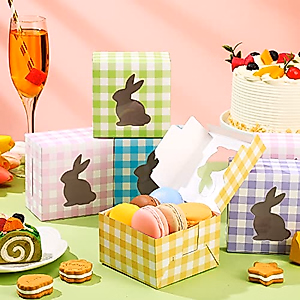 24 Pcs Easter Treat Boxes 5 Candy Colors Cardboard Box with Rabbit Bunny Shape Window Colorful Paper Easter Candy Box Easter Containers Cardboard Easter Cookie Basket Spring Easter Gift Boxes (Plaid)