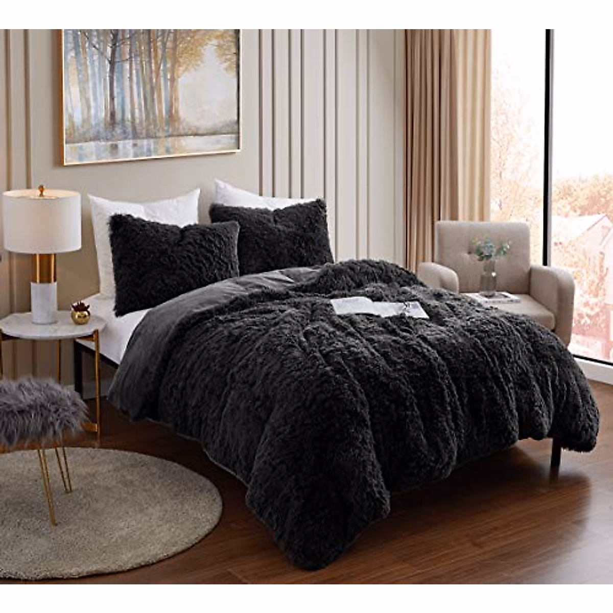 Sweet Home Collection Plush Shaggy Comforter Set Ultra Soft Luxurious Faux Fur Decorative Fluffy Crystal Velvet Bedding with 2 Shams, Queen, Black