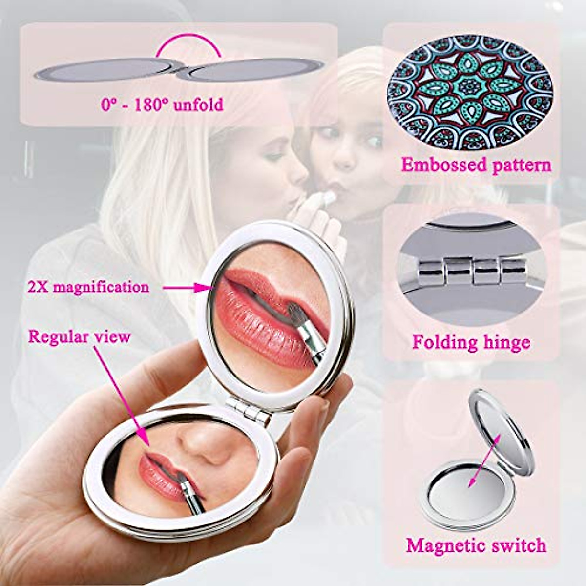 Beaufy Small Magnifying Travel Compact Mirror Bulk Mini Round Pocket Purse Makeup Mirrors Set Folding Portable Handheld 1x/2x Magnification Double Sided Mandala Gift for Women Girls Men Pack of 6