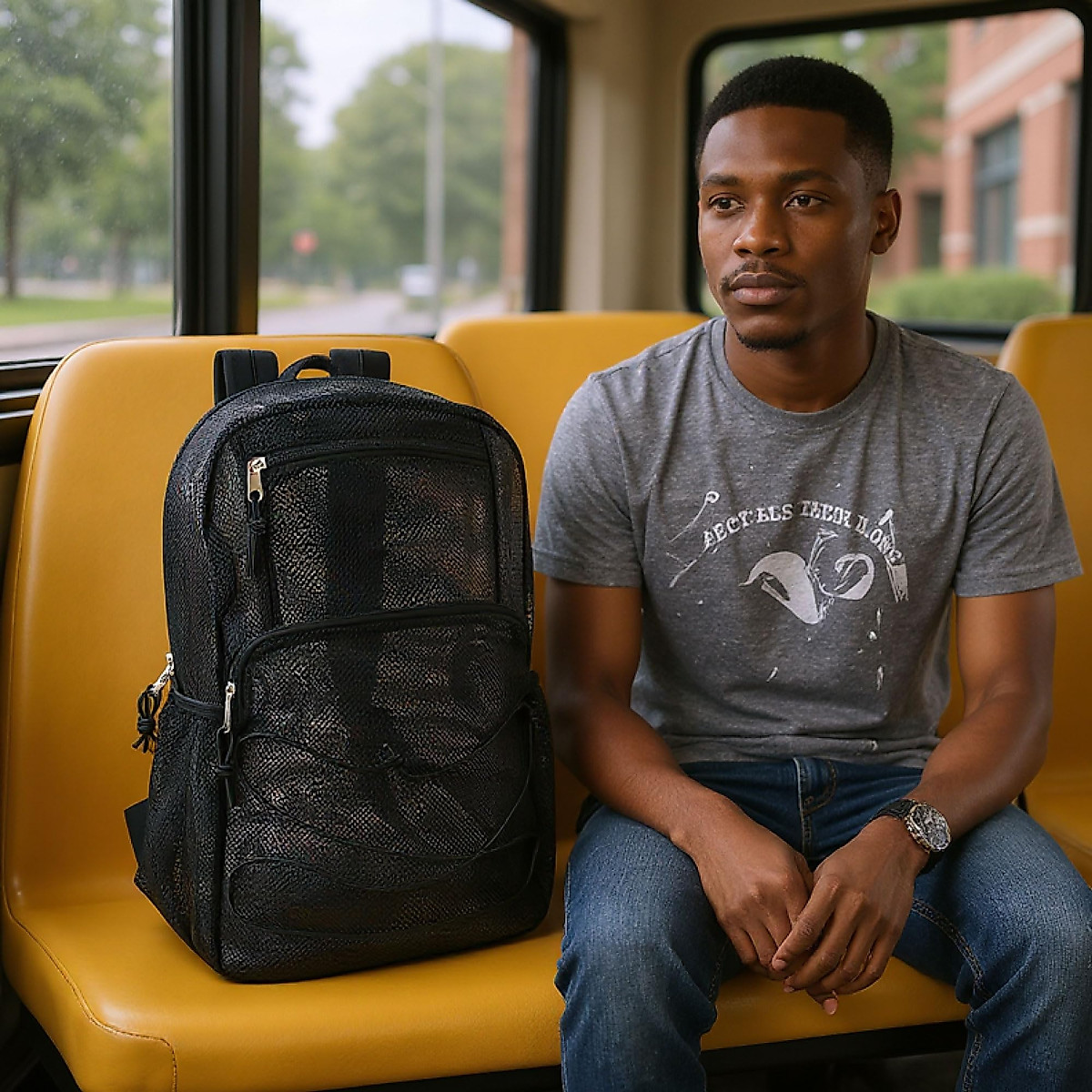 Deluxe Mesh Backpack with Bungee Cord & Adjustable Padded Straps, for Swimming, School, Travel (Black)