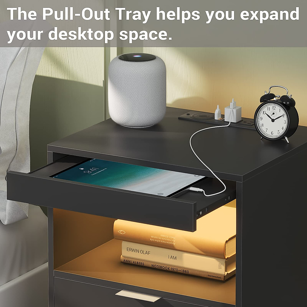 Tiptiper Black Nightstand with Wireless Charging Station and LED Lights, Bedside Table with 2 Drawers, Open Storage, 1 Pull-Out Tray, End Side Table with Charging Station, LED Night Stand with Storage
