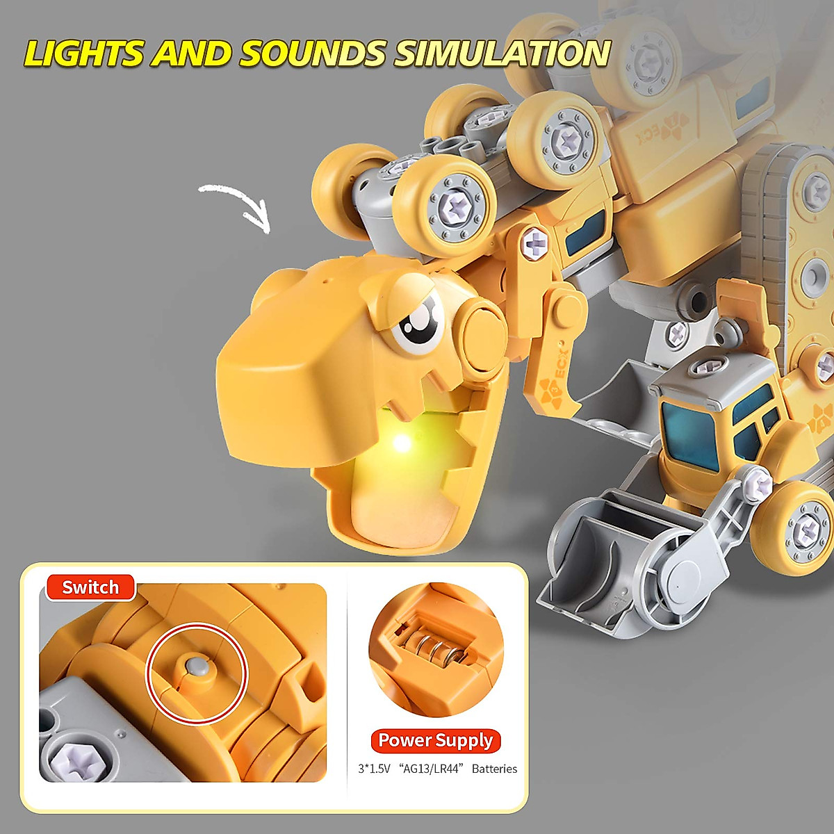 ERCHAOXI 5 in 1 Take Apart Dinosaur Toys for Kids 3-5,5 Construction Trucks Transform into a Big Dinosaur Robot Toys,STEM Building Toys Gifts for 4 5 6 7 8 Years Old Boys & Girls