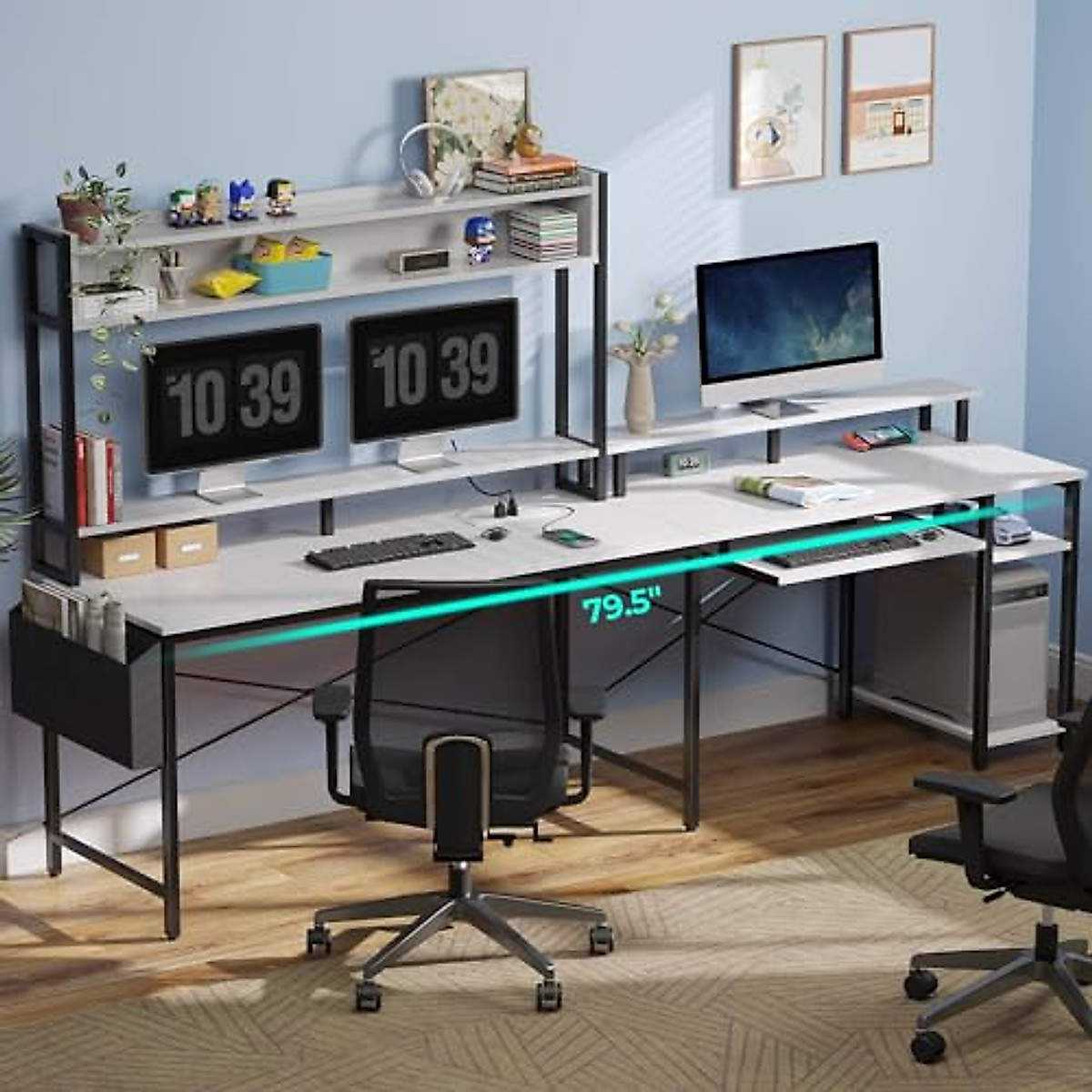 Rolanstar L Shaped Gaming Desk with Power Outlets & LED Lights, Reversible Computer Desk with Keyboard Tray, Storage Shelves, Monitor Stand & Hutch for Home Office, White