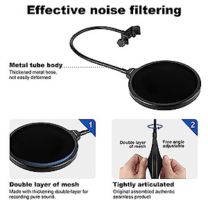 Aokeo Professional Microphone Pop Filter Mask Shield • For Blue Yeti and Any Other Microphone • Mic Dual Layered Wind Pop Screen • With A Flexible 360° Gooseneck Clip Stabilizing Arm
