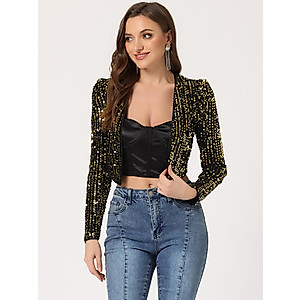 Allegra K Women's Sequin Shrug Open Front Collarless Christmas Glitter Sparkly Crop Blazer Jacket Small Black Gold