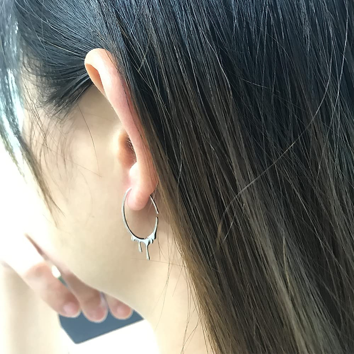 Tapered Drop Dangle Open Small Hoop Earrings for Women 925 Sterling Silver Hypoallergenic Waterdrop C Shaped Huggie Hoops Lightweight Earring Unique Upside Down Halloween Christmas Jewelry