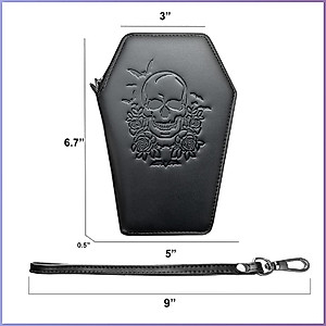 Lazy Skull Zip Around Coffin Wallet – Cute Witchy Wallet for Women with Skull and Bat Design– Goth Accessory Wallet – Horror Coffin Purse– Spooky Halloween Gothic Wallet with Wristlet Strap