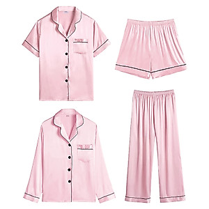 SWOMOG Women 4Pcs Silk Pajamas Set Button Down Sleepwear Loungewear Pj Sets for Ladies Nightwear Pink Small