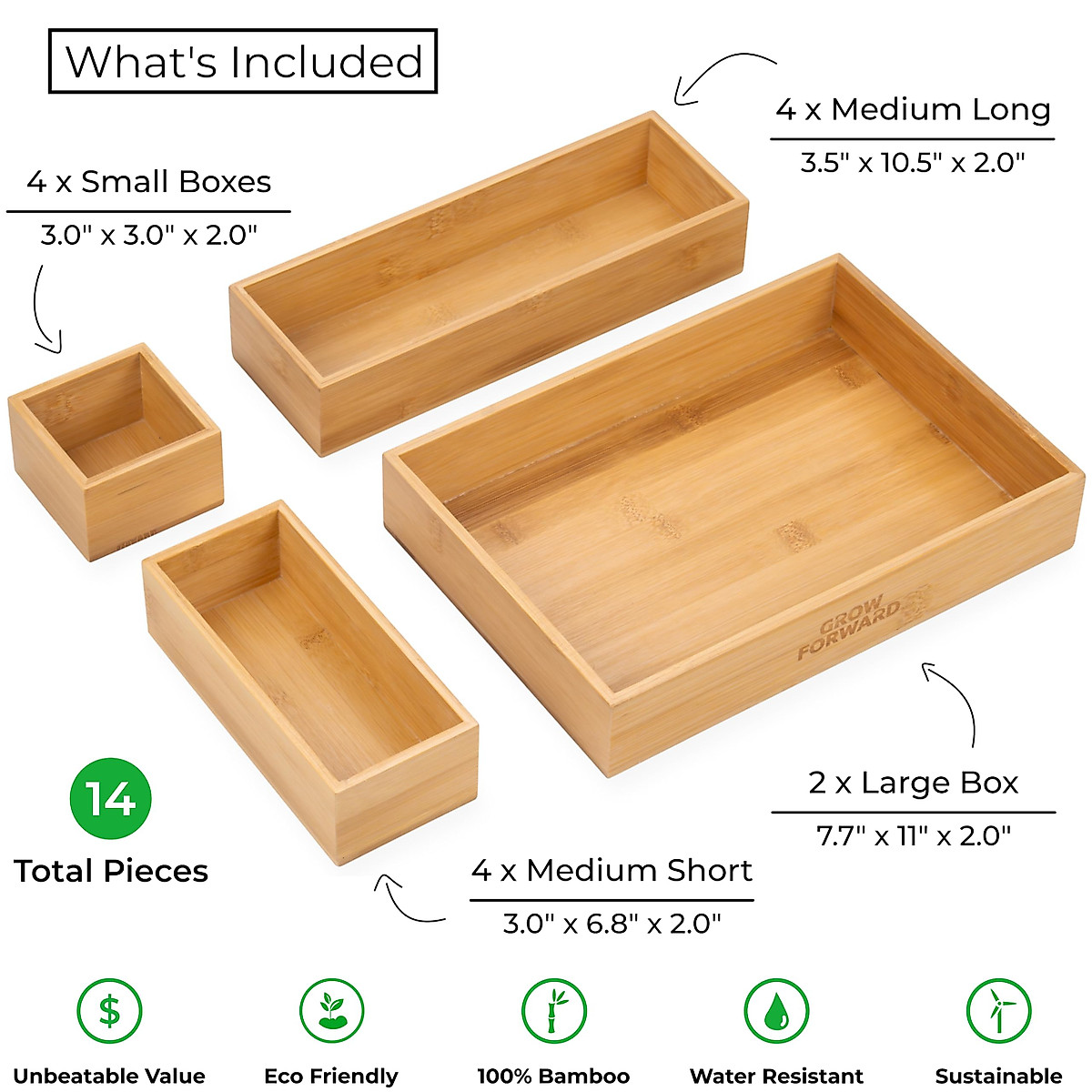 Grow Forward Bamboo Drawer Organizer Boxes - Set of 14 Wooden Drawer Organizers for Kitchen, Bathroom, Office, Desk, Vanity, Makeup - Non-Slip Junk Drawer Organizer Trays for Storage and Organization