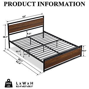 Queen Size Metal Bed Frame,Industrial Platform Queen Bed Frame with Headboard and Footboard,Mattress Foundation with Strong Steel Slat Support,11" Under Bed Storage Space,Easy Assembly