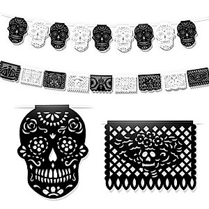 HOWAF 2 Pcs Plastic Papel Picado Day of The Dead Skull Bunting Banner Mexican Fiesta Banners Halloween Dia De Los Muertos Black White Skull Bunting Banner for Cinco De Mayo Decorations