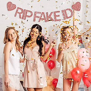BEISHIDA Pre Strung Glitter RIP Fake ID Banner， Rose Gold Glitter Funny 21st Birthday Garland-No DIY，Rip Fake ID Banner Backdrop for Him，Her