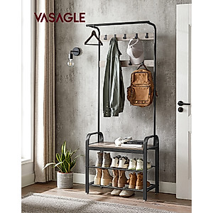 VASAGLE Coat Rack, Hall Tree with Shoe Bench for Entryway, Entryway Bench with Coat Rack, 4-in-1, with 9 Removable Hooks, a Hanging Rod, 13.3 x 28.3 x 72.1 Inches, Greige and Black UHSR40MB