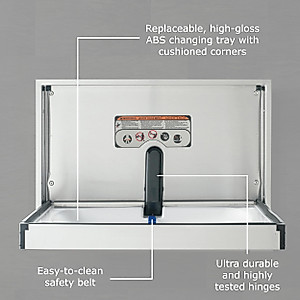Foundations 100SS-R Premier Stainless Steel Horizontal Baby Diaper Changing Station with Recessed Mount, Heavy Duty Steel Hinges, One Handed Adjustable Safety Belt