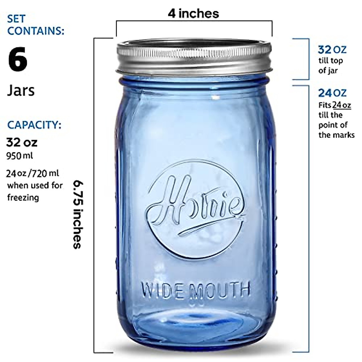 Tebery 6 Pack Vintage Blue Home Mason Jars with Airtight lids & Bands, 32Oz Wide Mouth Quart Glass Canning Jar for Fermenting, Pickling, Storage, DIY Crafts & Decor