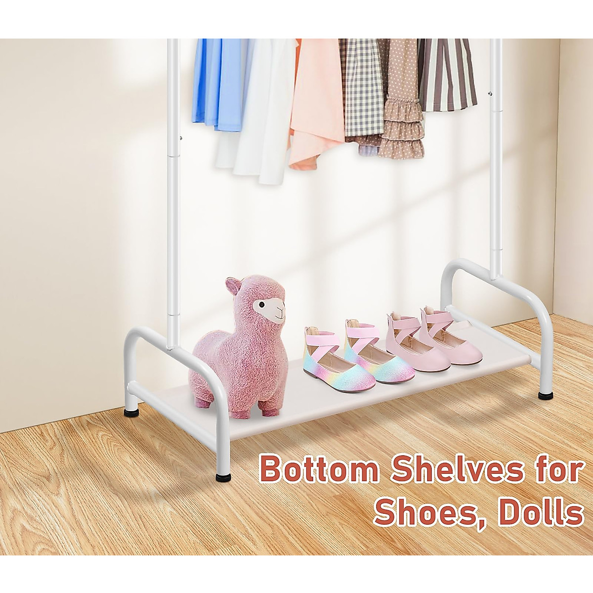 SLEEPING LAMB Kids Clothing Rack, Small Baby Clothes Rack with Bottom Storage Shelf, Kids Dress Up Rack Storage for Coats, Dance Costume Garment Rack for Hanging Clothes, White