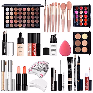 beginner Makeup Kit For Women Full kit, Makeup Set For Teen Girls Eyeshadow Lip gloss Lipstick Make up Brushes Eyebrow Eyeliner Pen Liquid Concealer Foundation Primer Puff Eye shadow Shields Eye Brow Stencil