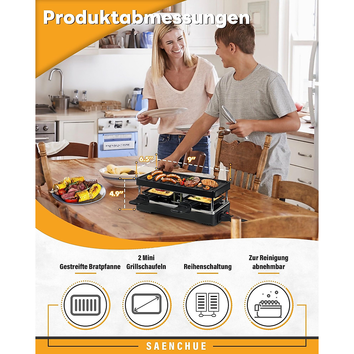 Saenchue 2-Person Raclette Table Grill - Indoor Non-stick Electric Grill Griddle - Series Connection Contact Grill up to 4 Grills, 2 Paddles Included, 2 Packs, BC-02