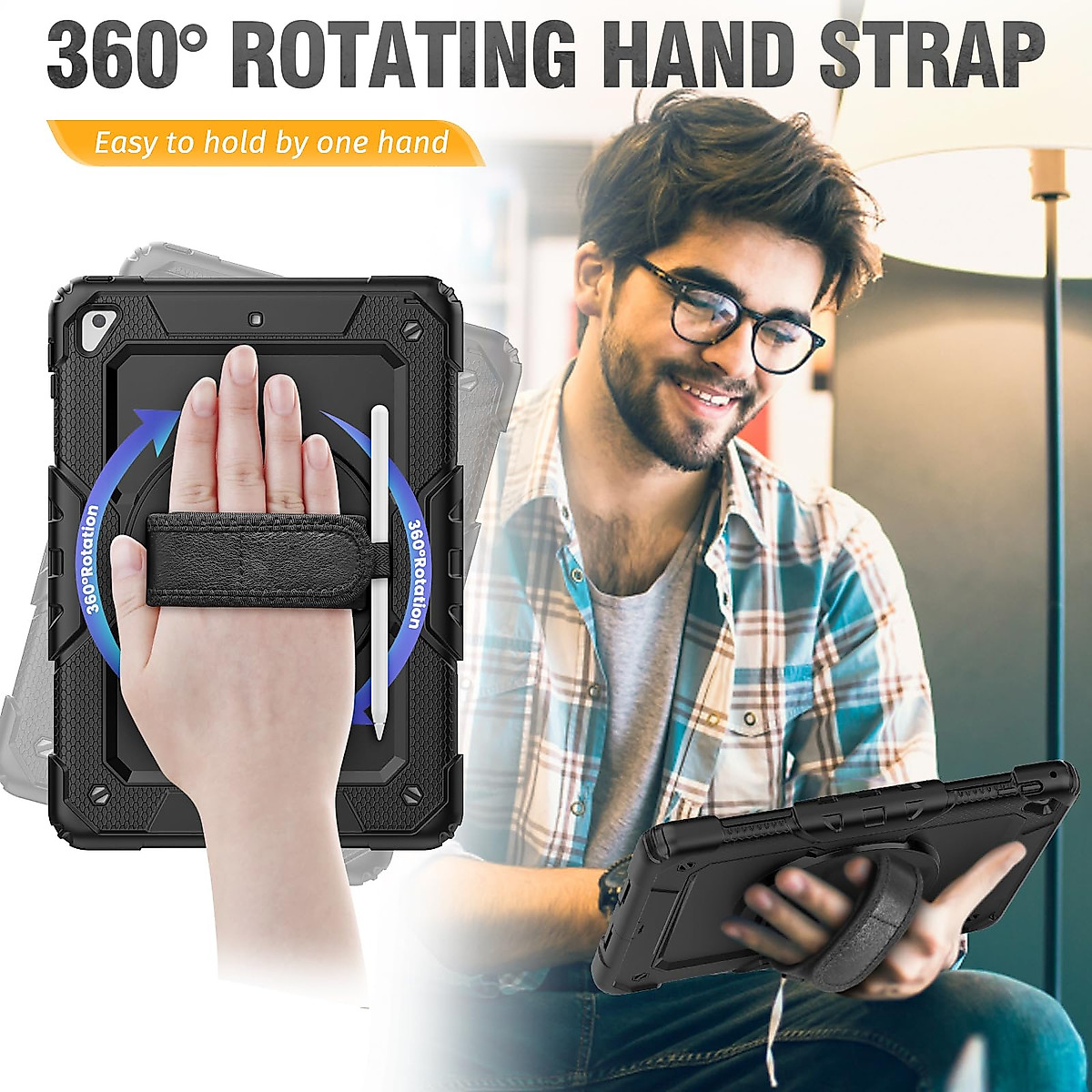 HXCASEAC Case for iPad Pro 9.7, Air 2, 9.7 inch 6th/5th Gen 2018/2017/2016/2014 with Screen Protector/Pencil Holder/ 360 Rotating Hand Strap Stand, Full Body Protective Cover for iPad 9.7 - Black