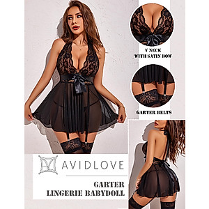 Avidlove Womens Lace Babydoll Lingerie Halter V Chemise Sleepwear with Garter Belt S-XXL (XX-Large, Black)