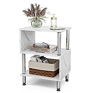 HMFOR Small End Table, S-Shape Nightstand for Living Room, Sofa Tables with Storage, 3 Tier Shelf Corner Side Table for Small Spaces, 15.74“L x 11.41" W x 20.07" H, White Faux Marble