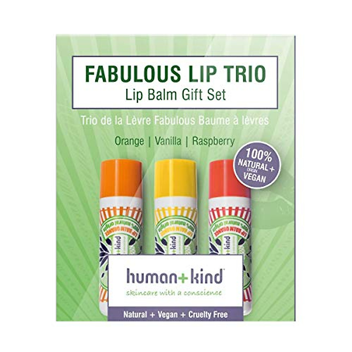 Human+Kind Fabulous Lip Trio - Raspberry, Orange, and Vanilla Natural Hydrating Lip Balm Collection - Ultra Moisturizing Chapstick with Vitamin E and Jojoba Oil - Repair Dry, Cracked Lips - 3 pc