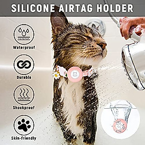 Airtag Cat Collar, JXFUKAL Kitten Collar Breakaway with Silicone Airtag Holder, Bells & Flower Charm for Girl Cats Boy Cats Small Dogs(Pink)