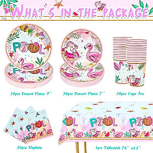 Summer Pool Party Decorations- 121PCS Pink Pool Plates and Napkins Set Beach Party Cups Tablecloths Flamingos Unicorns for Kids Boys Girls Luau Hawaiian Summer Theme Birthday Party Supplies 30 Guest