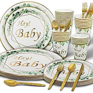 Sage Green Baby Shower Decorations,All In One Set,Neutral Baby Shower Supplies Kit, With 4 Balloon Blocks,12 Tableware Sets, Disposable Plates, "OH BABY" Balloons,Sage Baby Shower Tablecloth, Toppers