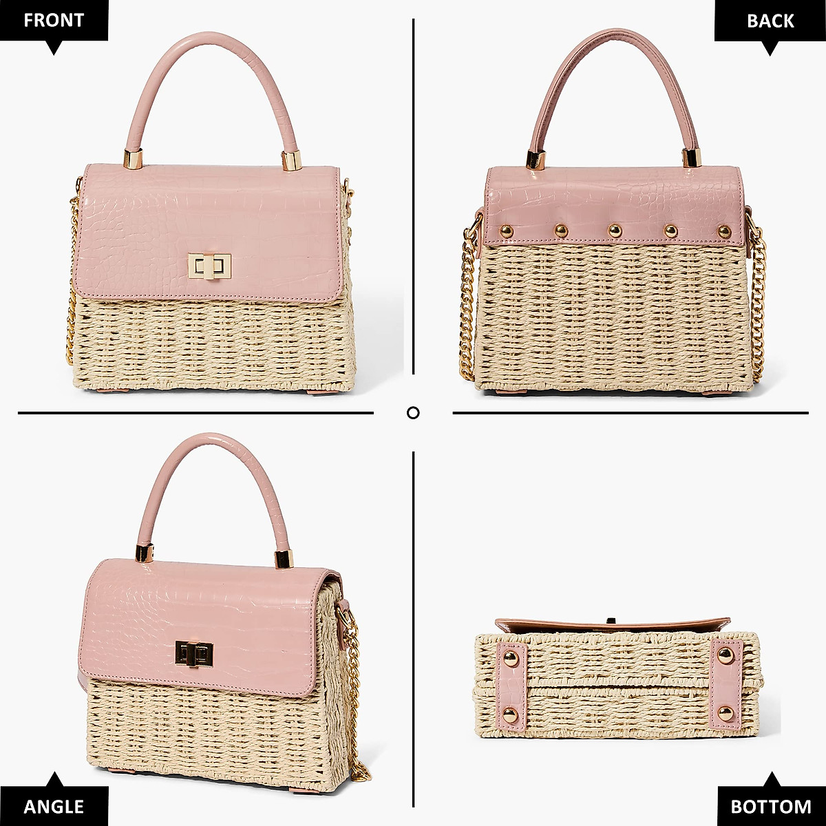 Like Dreams Women Hand-woven Straw Crossbody Faux Croc Vegan Leather Upper Floral Inner Summer Crossbody (Blush)