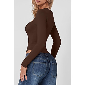 QINSEN Sexy Bodysuit for Women Square Neck High Cut Thong Tops Long Sleeve Shirt Coffee Bean XL